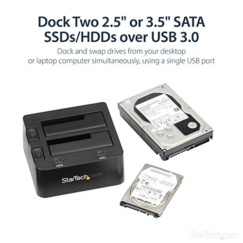 StarTech.com Dual-Bay USB 3.0 To SATA Hard Drive Docking Station, USB Hard Drive Dock, External 2.5/3.5" SATA I/II/III, SSD/HDD Docking Station, Hot-Swap Hard Drive Bay, Top-Loading (SDOCK2U33),Black