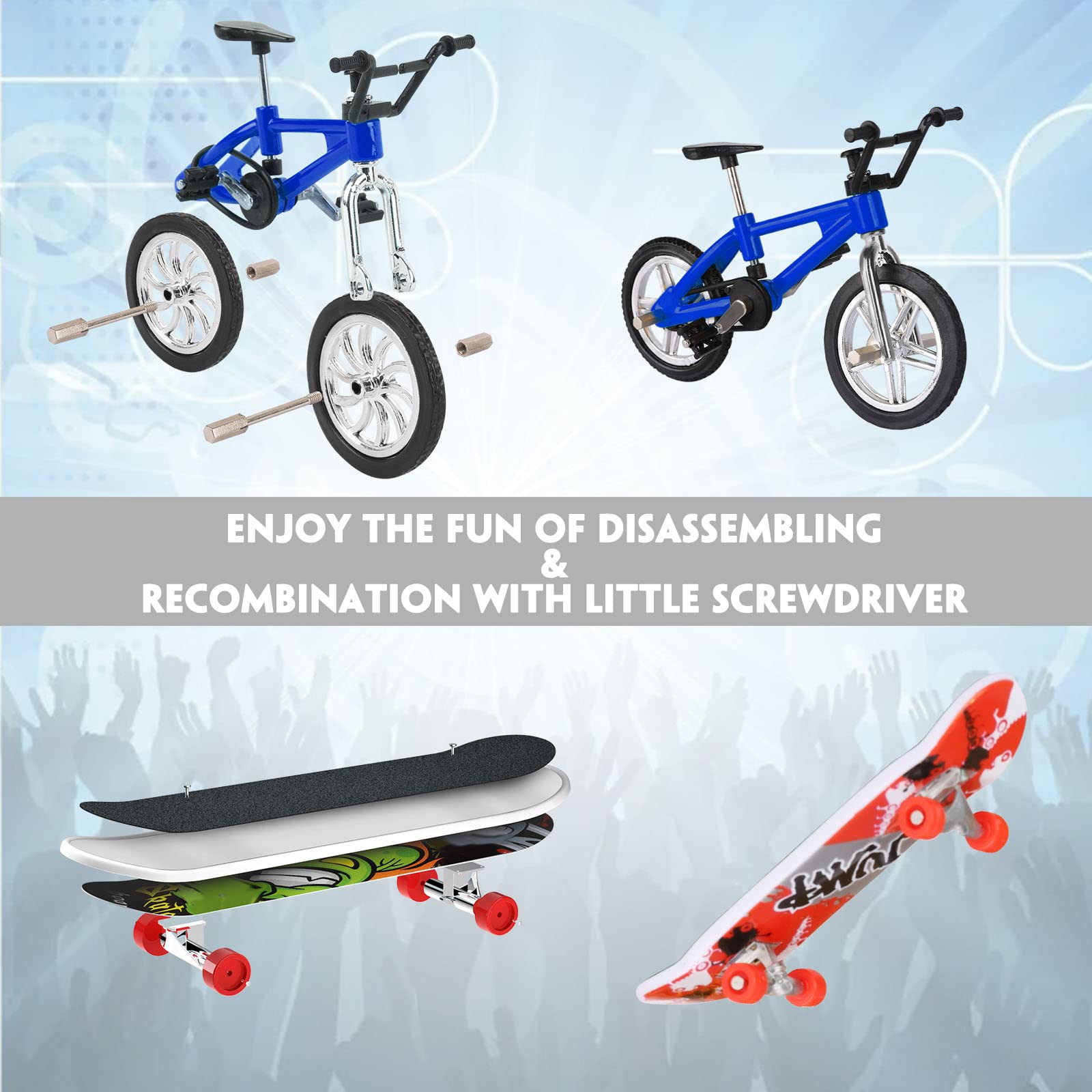 HOMETALL 8Pcs Fingerboard Skatepark Ramps with 9Pcs Mini Toys Set Including Fingerboards, Bike, Scooters, Skate Park for Kids Gift