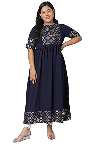 Janasya Indian Women's Plus Size Dark Blue Poly Crepe Kurta(PJNE3363-KR-A-5XL)