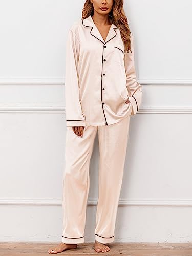 IFFEI 2 Pieces Silk Satin Womens Pajamas Set Button-Down Long Sleeve Girls Pajamas M Champagne