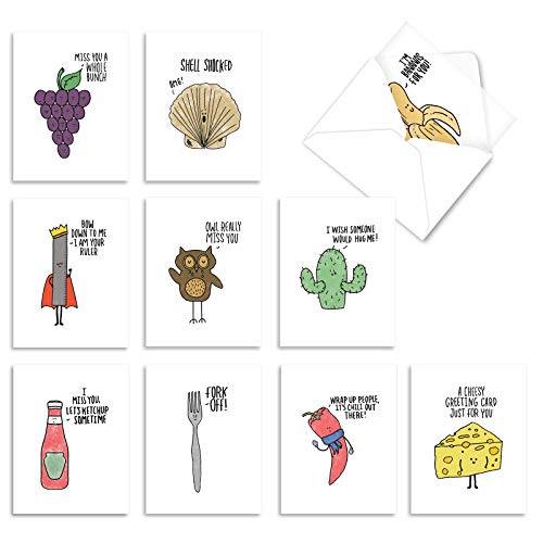 The Best Card Company - 10 Funny Assorted Blank Humor All Occasions Notecards Boxed Set 4 x 5.12 Inch w/Envelopes Cute Word Play for Men, Women (10 Designs, 1 Each) - Fun Puns M2975OCB