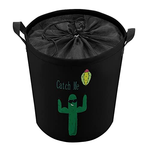 Cactus Balloon Laundry Basket Round Collapsible Storage Bin with Drawstring and Handle for Bedroom Bathroom Toys Room 17.3" X 13.8"