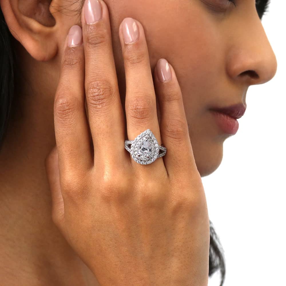 BERRICLE Sterling Silver Halo Wedding Engagement Rings Pear Cut Cubic Zirconia CZ Statement Cocktail Split Shank Ring for Women, Rhodium Plated Size 5