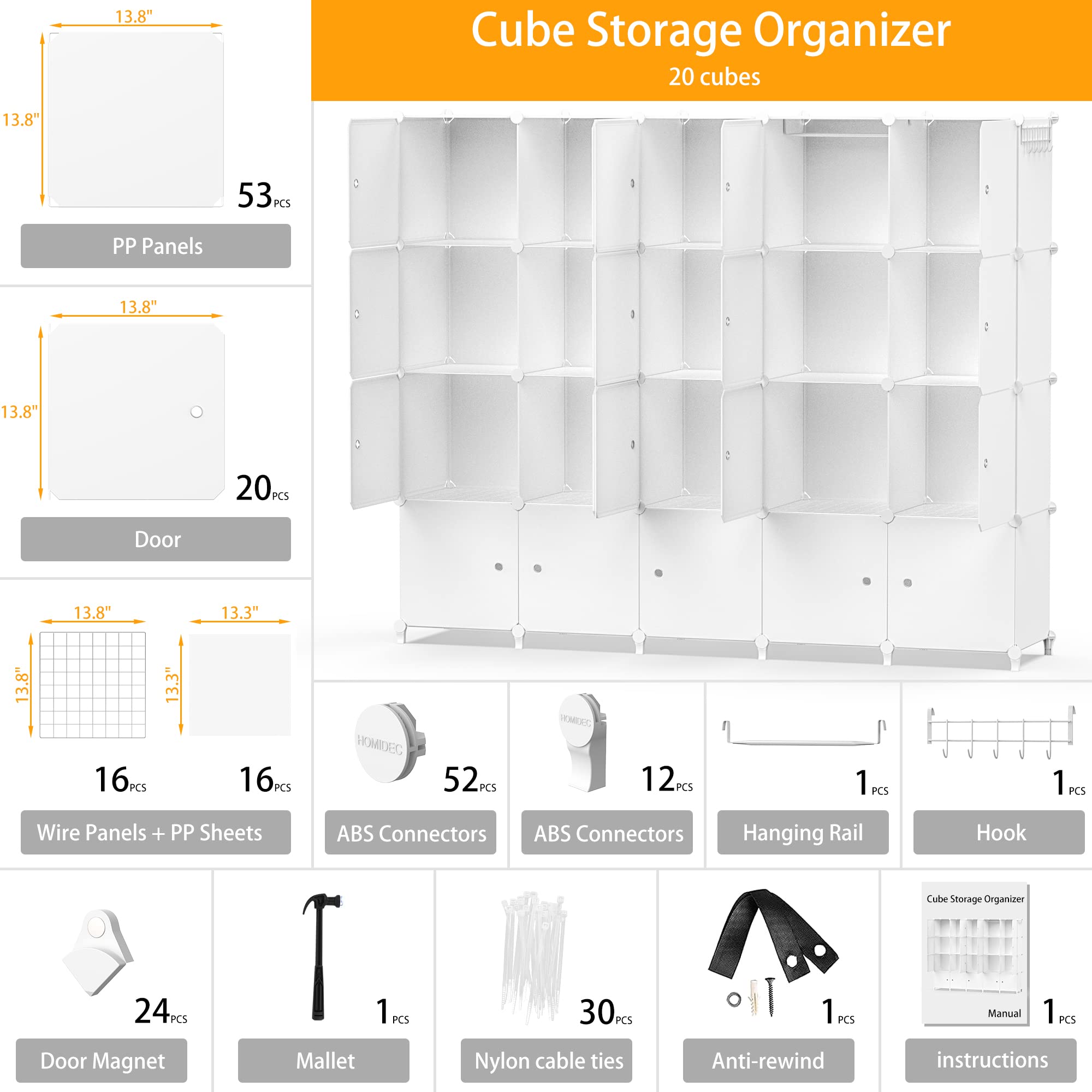 HOMIDEC Cube Storage Organizer, Heavy Duty Portable Closet Wardrobe with Door, 58in Large Closet Organizers and Storage with Hanging Rod for Clothes Yarns Toys Books Tools(20 cube white)