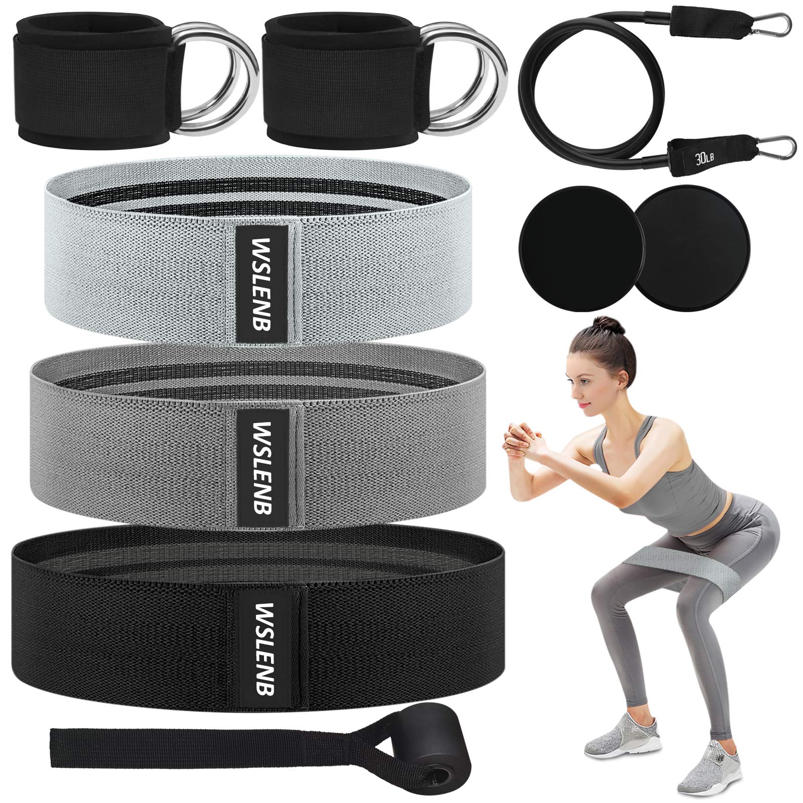 Booty Bands Resistance Bands Set for Men Women Legs and Butt, 3 Levels Fabric Workout Exercise Bands with Door Anchor 2 Legs Ankle Straps Core Sliders for Home Fitness Gym Yoga Squat Glute