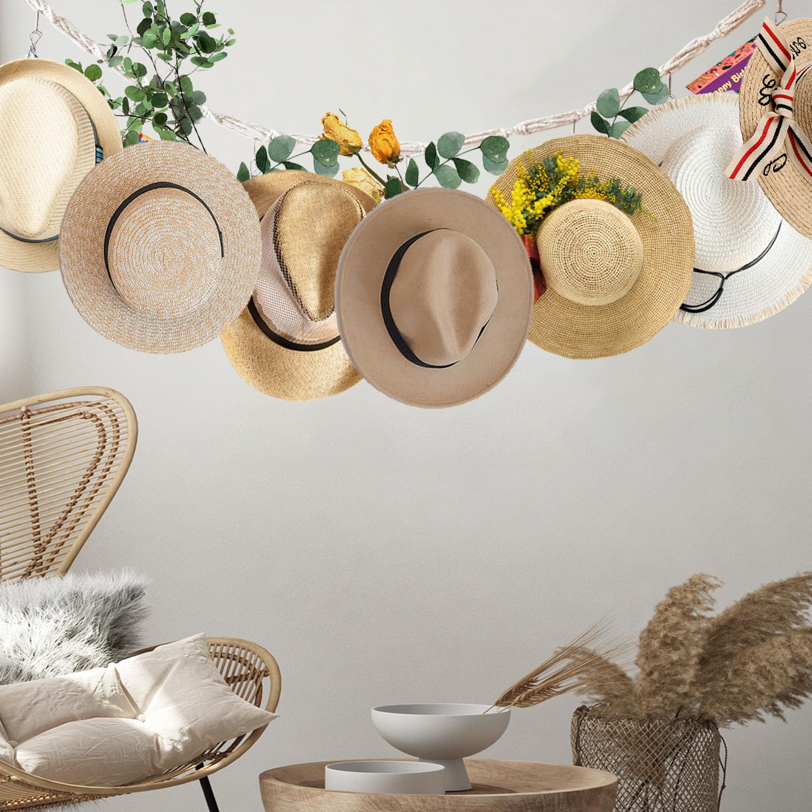 YedsIntu 2 Pcs Macrame Hat Hangers Hat Rack for Wall, Women Boho Hanging Hat Organizer Display Holder Storage for Wide Brimmed Fedora Sun Hats Cowboy