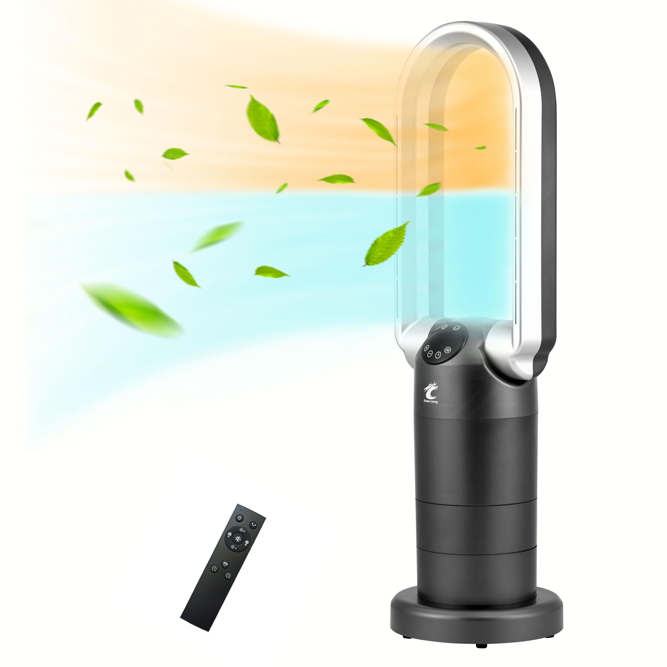OceanLoong Bladeless Fan & Space Heater in One, Tower Fan for Bedroom Home,1500W Electric Heater with Adjustable Thermostat, Tip-Over Switch, Remote, Timer, Oscillating Table Fan, 29inch (Grey)