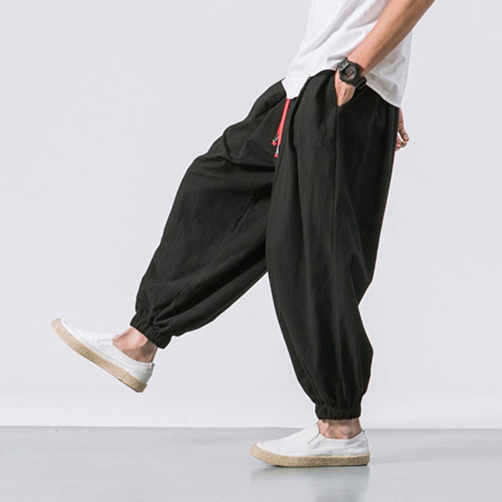 Casual Baggy Harem Pants for Men Trendy Oversized Drawstring Cotton Linen Boho Yoga Pants with Pockets Joggers Sweatpants Black