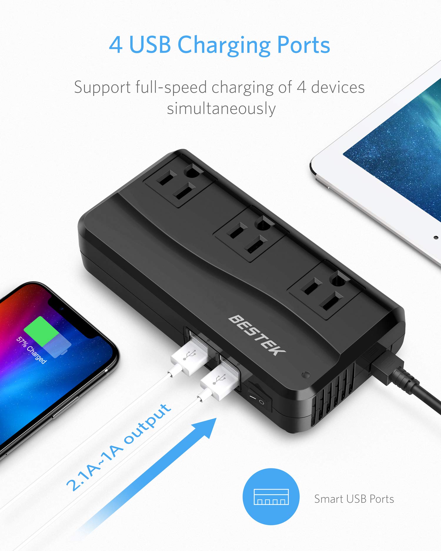 BESTEK 200W Power Inverter DC 12V to 110V AC Inverter with 4.2A 4-Port USB Car Adapter (Black)