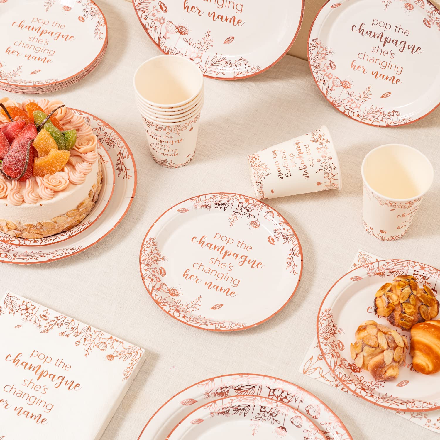 Crisky Rose Gold Bachelorette Napkins Plates Cups Set for Bridal Shower Wedding Engagement Party Decorations Supplies, Disposable Tableware Set of 24 (Pop, She is Change Her Name)