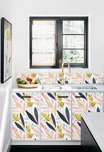 HAOKHOME 93027 Watercolor Forest Peel and Stick Wallpaper Removable White/Pink/Navy/Yellow Floral Vinyl Self Adhesive Shelf Liner 17.7in x 9.8ft