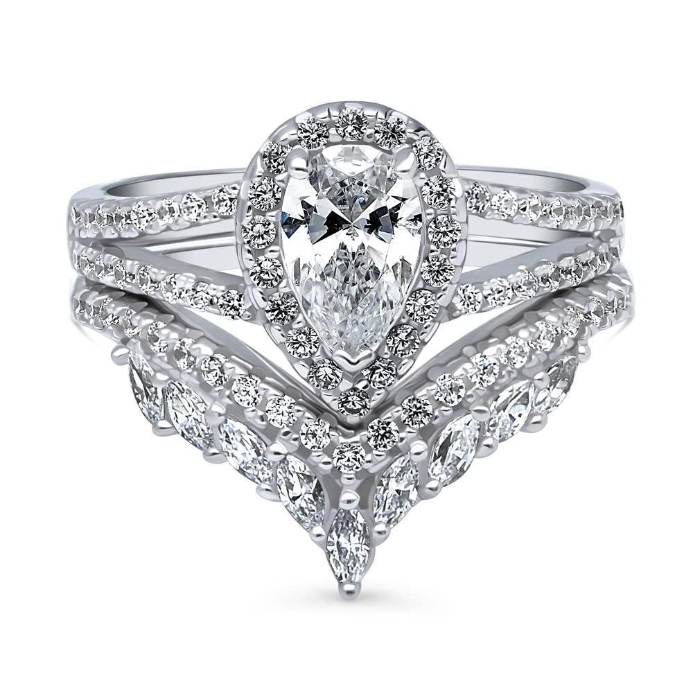 BERRICLE Sterling Silver Halo Wedding Engagement Rings Pear Cut Cubic Zirconia CZ Split Shank Ring Set for Women, Rhodium Plated Size 7