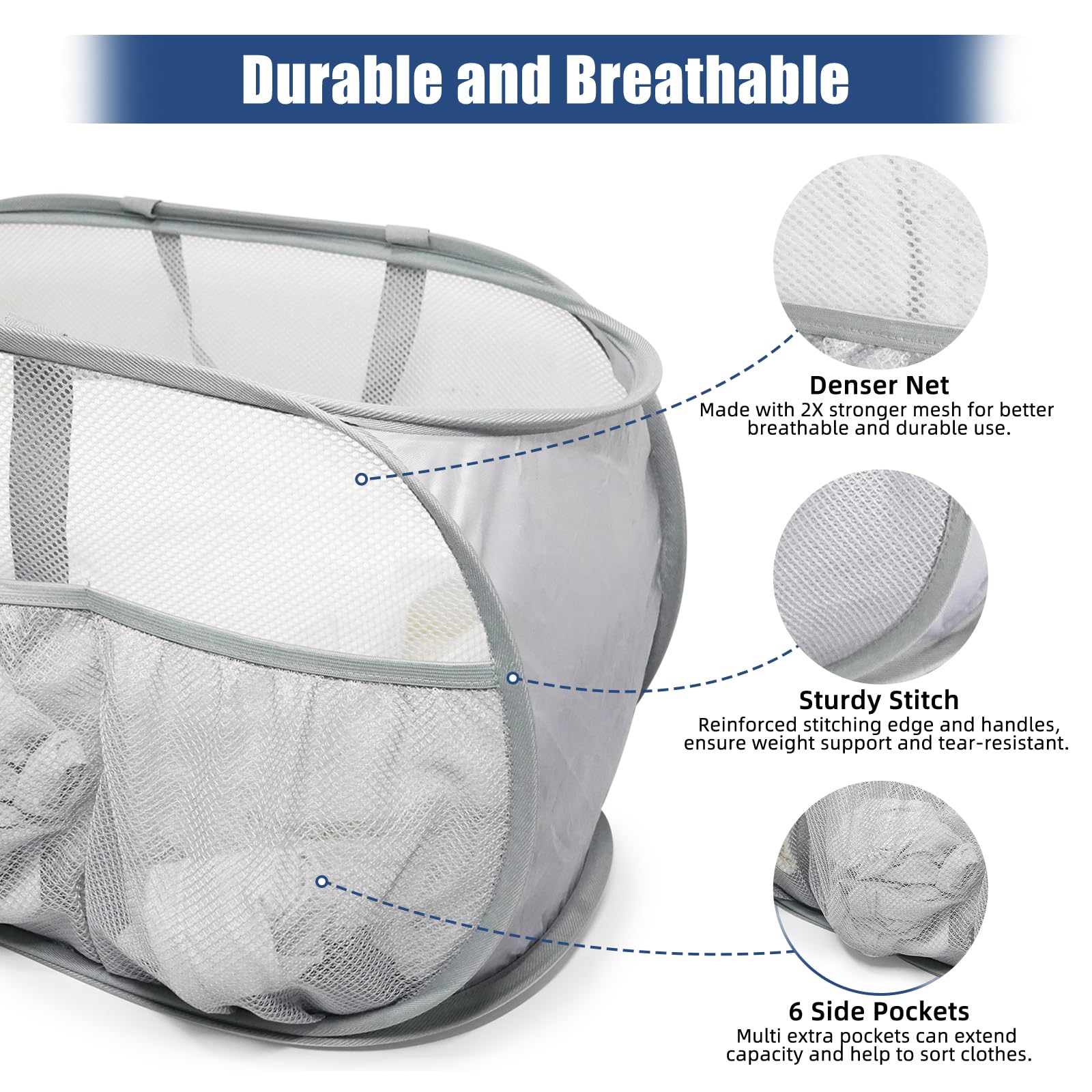 Collapsible Laundry Baskets, Upgrade Pop Up Laundry Hamper with Convenient Bags, Foldable Laundry Basket Mesh Light Weight, Easy to Carry Clothes Hampers for Laundry, Dorm, Toys, Travel Grey