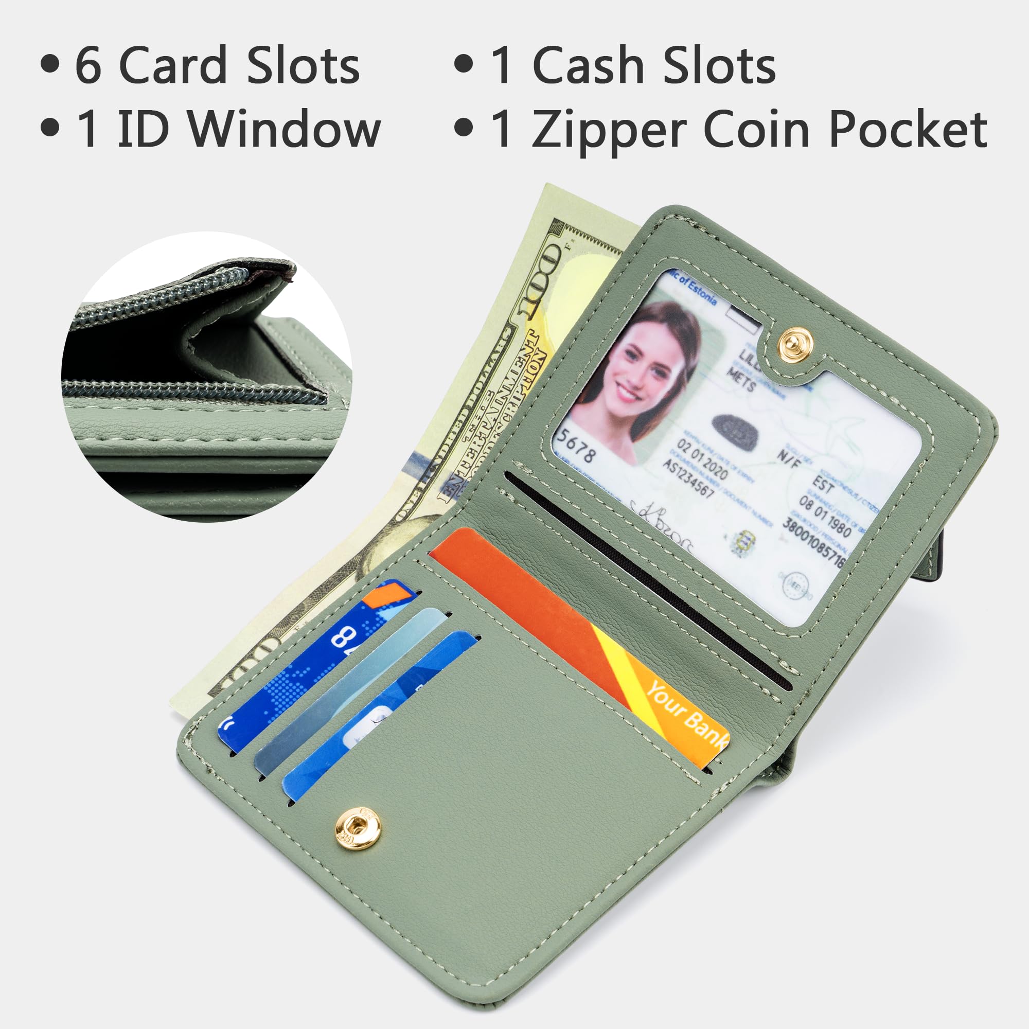 Gostwo Small Wallet for Women, Bifold Card Holder Rfid Wallet Women Genuine Leather with ID Window(CypressGreen)