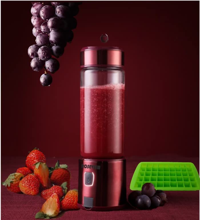 Smoothie blender Portable ROSEVIEW Glass bottle Mini rechargeable Handheld Ice crushing Shakes Cup USB juicer Cordless Personal smoothies maker Fruit mixer Juice sport travel healthy smoothy (Red Steel)