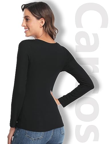 CARCOS Women's Casual Tops Sexy V Neck Long Sleeve Pullover Underwear Tee Slim Fit Basic Shirts Black L