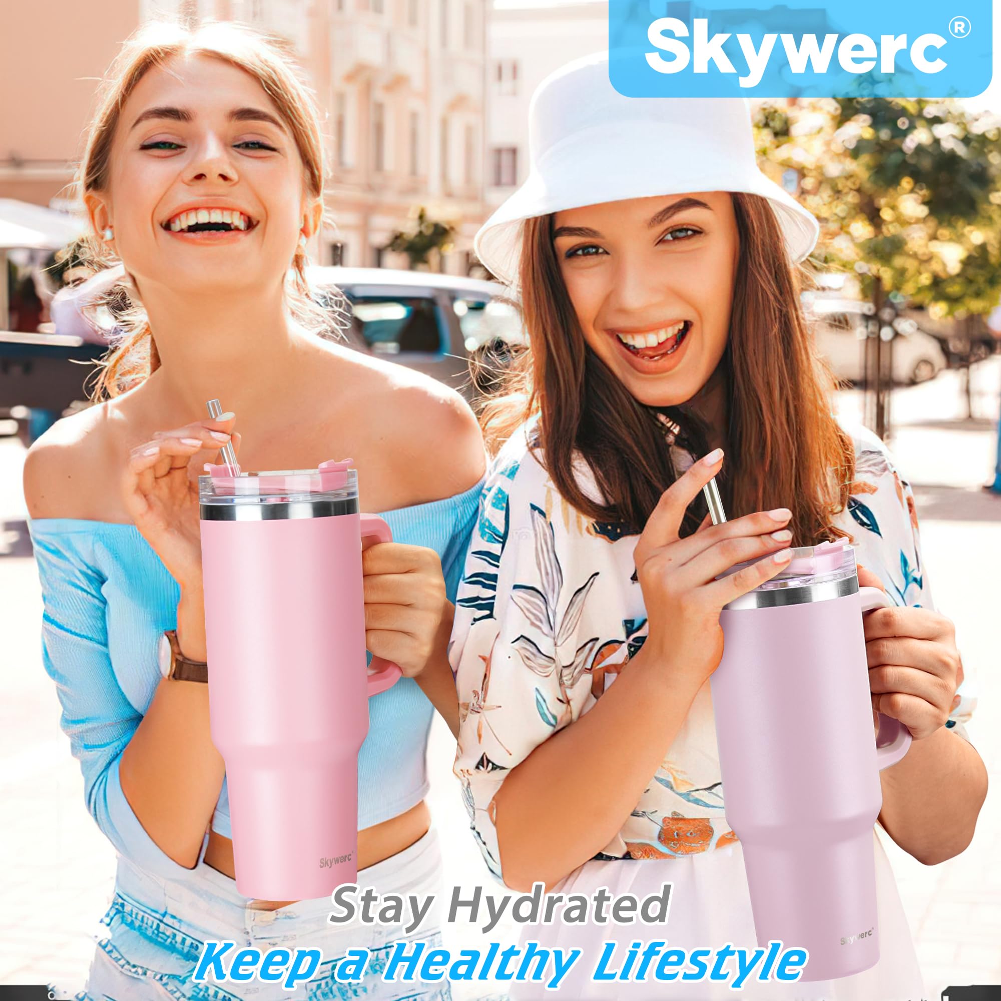 Skywerc 40 oz Tumbler With Handle and Straw Lid | Double Wall Vacuum Insulated Travel Mug | Stainless Steel Water Bottle Cup | Keeps Drinks Cold up to 34 Hours | Cupholder Friendly | Ocean