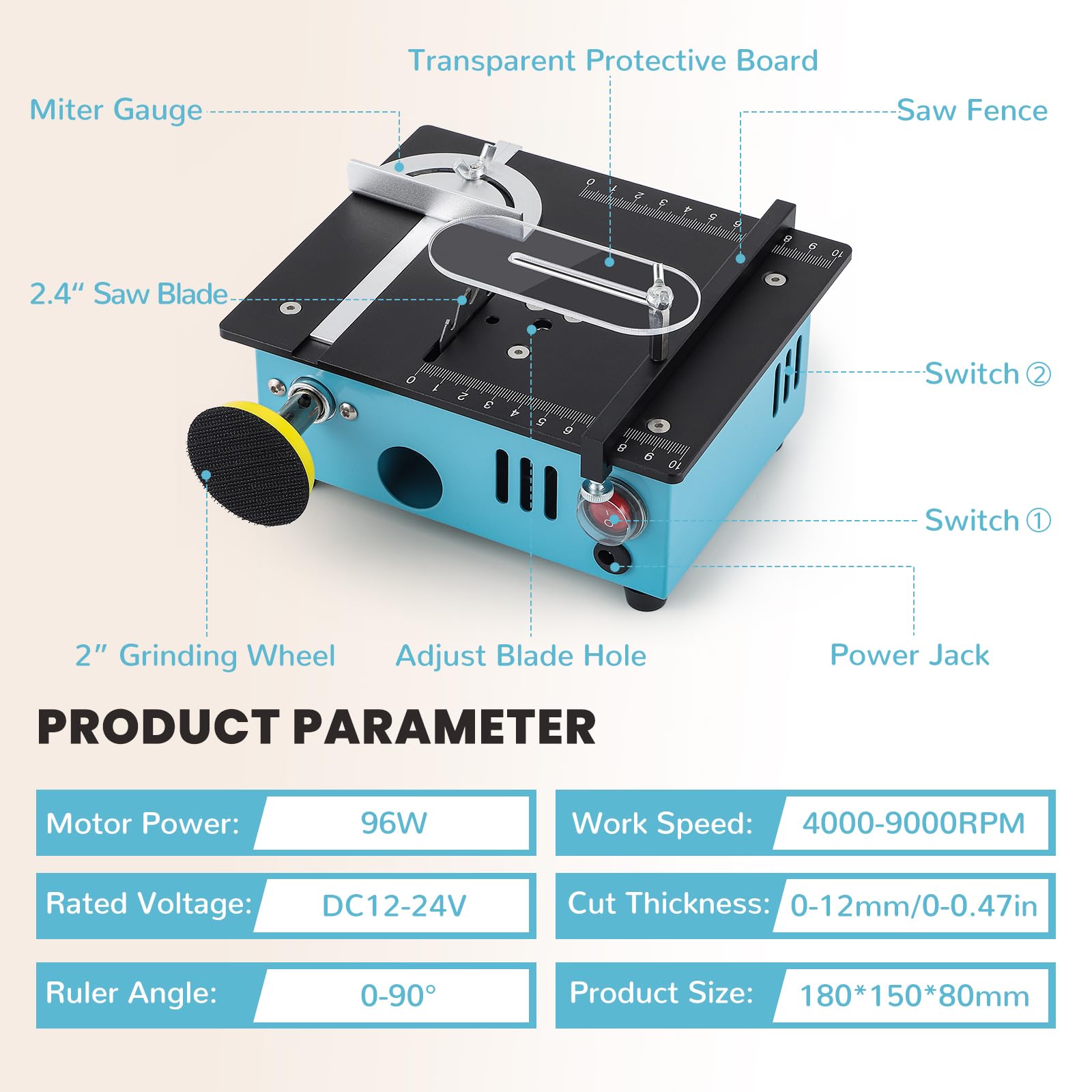 Bonoutil Mini Table Saw, 96W Dual Motor Control 4 Saw Blades Set Cut Thickness 12MM 0-90° Adjust Small Table Saw for Hobby DIY Model Wood Cutting