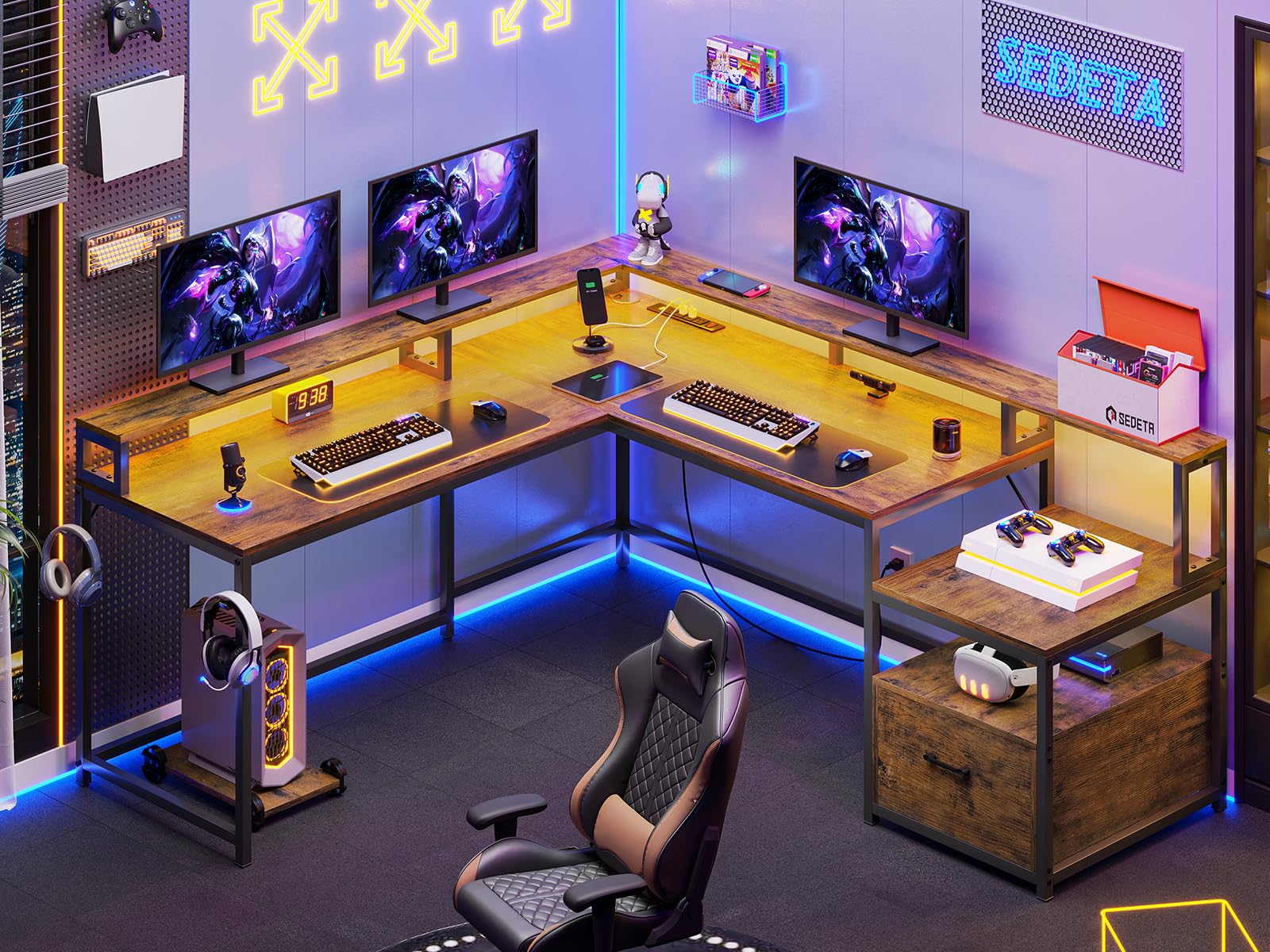SEDETA L Shaped Desk, 66" Home Office Desk with File Drawer & Power Outlet, Gaming Desk with Led Lights, Corner Computer Desk with Monitor Shelf, Printer Storage Shelves, Two Person Desk, Rustic Brown