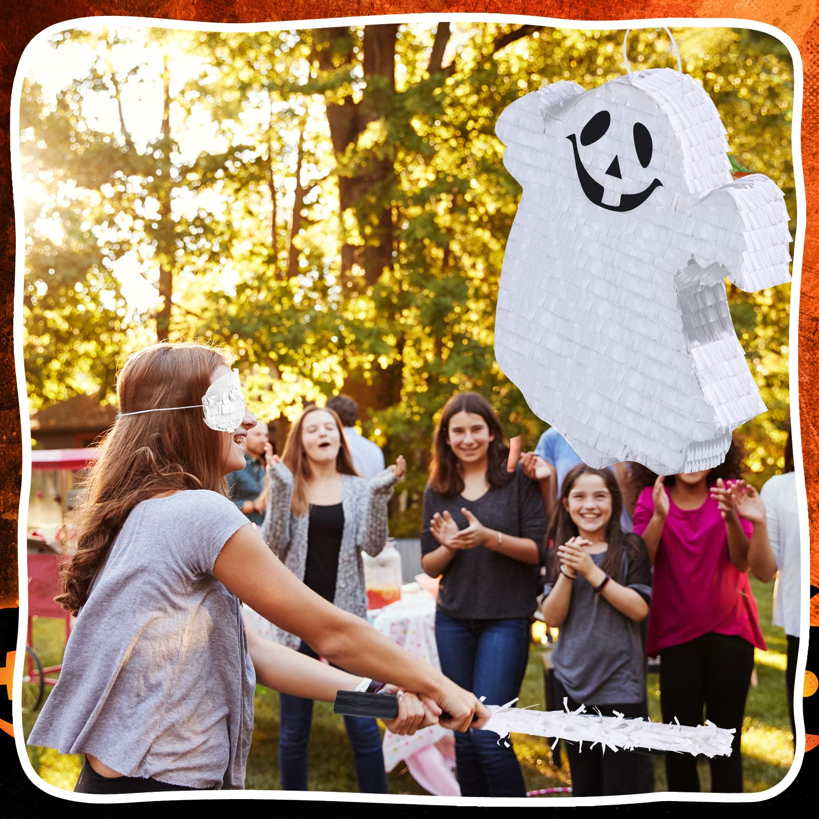 Halloween Ghost Piñata Spooky White Ghost Piñata with Stick and Blindfold Halloween Hanging Decoration Mexican Piñata for Kids Birthday Game Halloween Party Supplies