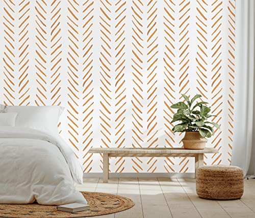 HAOKHOME 96101-3 Boho Peel and Stick Wallpaper Brush Strokes Stripes Removable Terracotta/White Chevron Vinyl Self Adhesive Mural 17.7in x 9.8ft