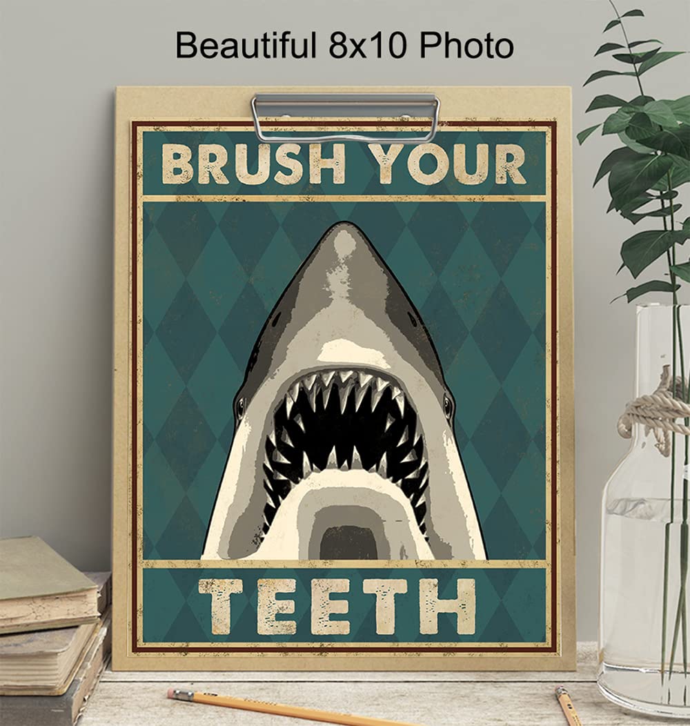 Boys Bathroom Wall Art & Decor - Brush Your Teeth Kids Bathroom Decor - Beach Bathroom Decor - Funny Shark Bathroom Decor - Bath Wall Decor - Unique Restroom Sign - Bathroom Pictures Poster Prints
