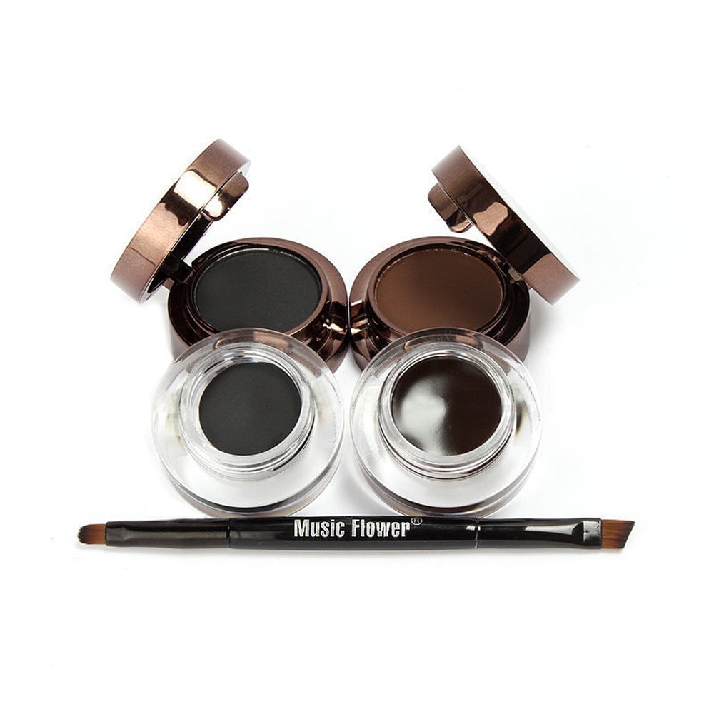 UCANBE 4 in 1 Black Brown Eyeliner Gel and Eyebrow Powder Makup Set Professional Water-proof Long Lasting Eye Liner Brow Kit with Double Ended Brush