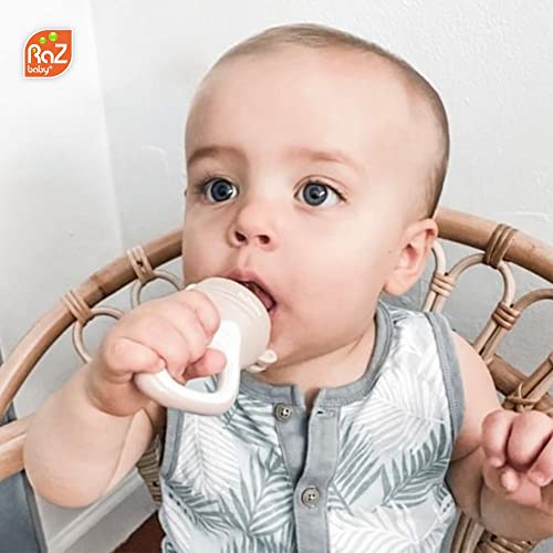 RaZbaby Baby Solids/Frozen Fruit Feeder Pacifier, Infant Teether Toy 6M+, BPA-Free Silicone Pouch & Nipple, Safely Introduce Solids, Teething Relief, Dishwasher Safe, 2-Pack β Orange/Blue + Green/Blue