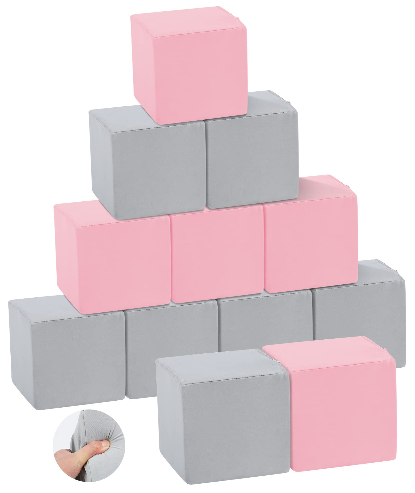 TRENDBOX 12 Pcs Toddler Foam Blocks, 5.5inch Soft Foam Cubes Blocks with Detachable Washable Cover, Soft Play Blocks for Toddlers and Kid (Light Gray & Pink)