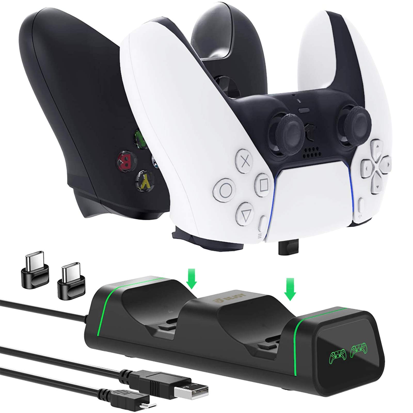 BEJOY Dual Controller Charger for PS5 / Xbox Series S & X/Nintendo Switch/Xbox Elite 2 Controllers, Multifunctional Charging Station for Playstation 5, Dual USB Fast Charging Dock