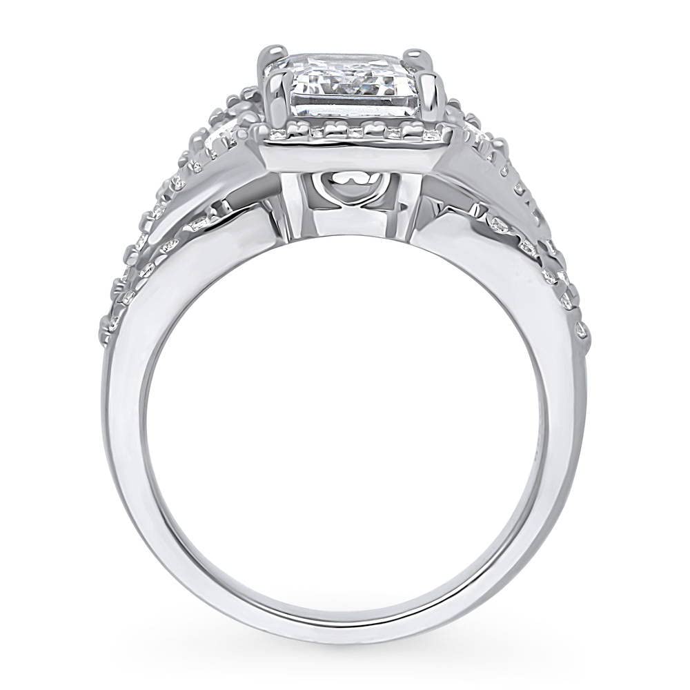 BERRICLE Sterling Silver 3-Stone Emerald Cut Cubic Zirconia CZ Statement Art Deco Cocktail Fashion Split Shank Ring for Women, Rhodium Plated Size 9
