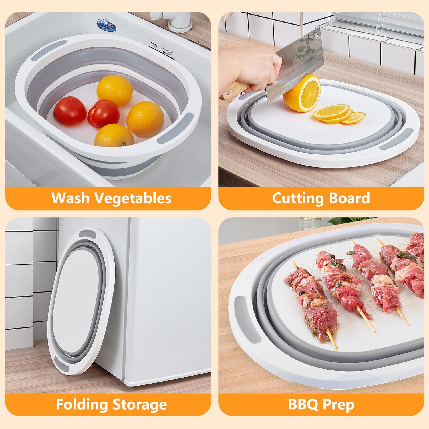 Collapsible Multi-Purpose Plastic Dish Basin 8L(2 Gallon), Space Saving Dish Tub, Folding Chopping Board, 3 in 1 Multifunction Camping Sink for Dish Washing, BBQ Prep, Camping (Gray-1)