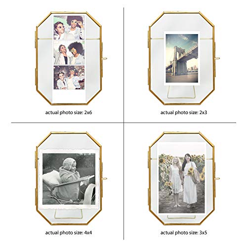 Isaac Jacobs 4x6 Vintage Style Octagon Brass & Glass, Metal Floating Picture Frame with Locket Closure (Vertical), Made for Tabletop Display, (Fits up to a cutout 4β x 6β - See images for other sizes)