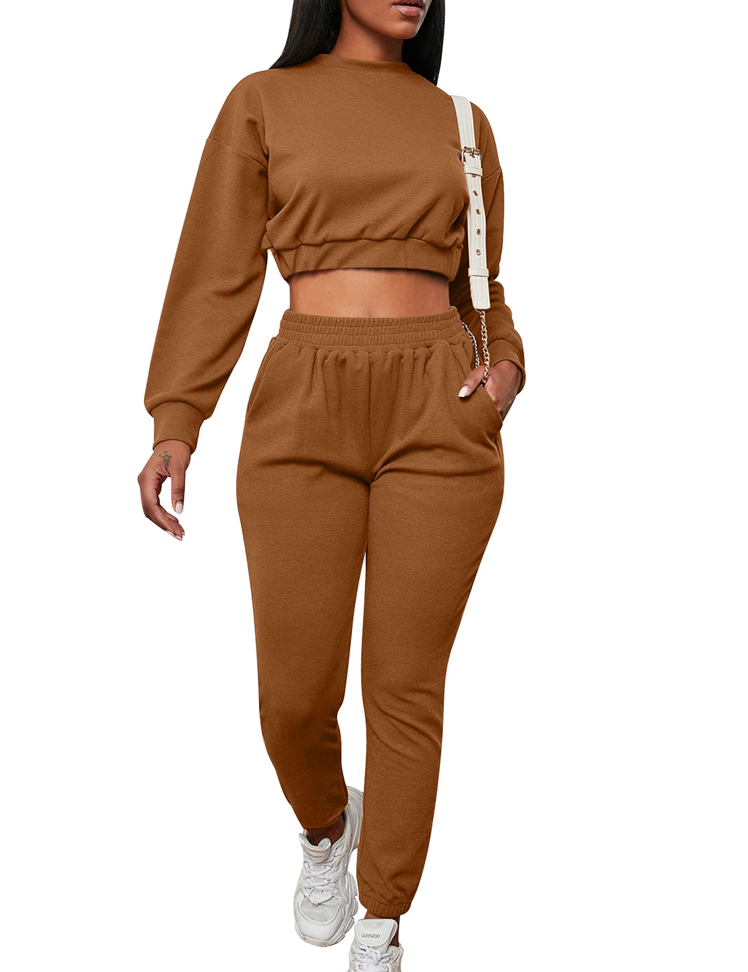 BORIFLORS Women's Workout Track Suit 2 Piece Outfits Long Sleeve Sweatsuits Jogger Pants Sets,Medium,Coffee