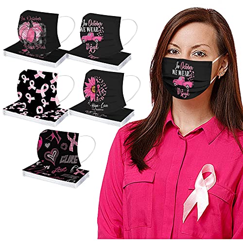 Breast Cancer Awareness Disposable Face_Masks for Adults,with Printed Pattern Designs,3 Ply Procetive with Nose Wire,50Pcs (#Breast Cancer Awareness 1)