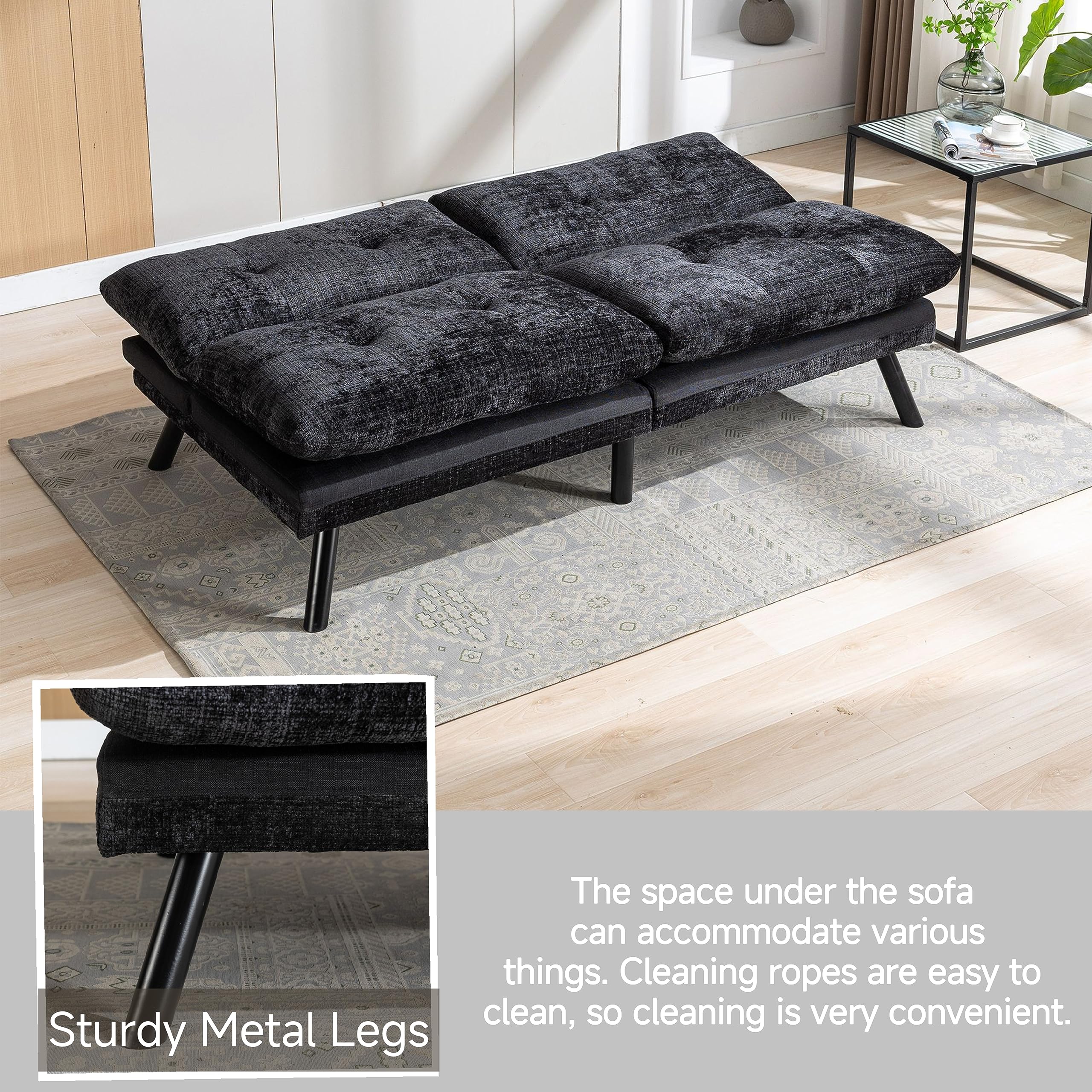 Futon Sofa Bed, Convertible Sleeper Sofa with Adjustable Backrest, Loveseat Futon Bed with Black Metal Legs, Breathable Lounge Couch for Apartment, Studio, Office, Small Space (Grey)