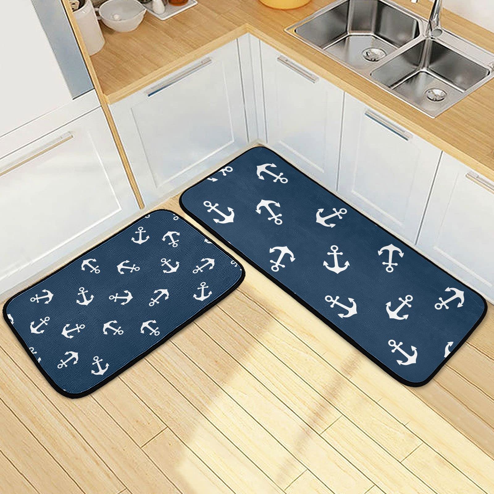 BOENLE Kitchen Rugs and Mats Non Skid Washable Kitchen Rug Set 2 Piece Blue Anchor Carpet Ergonomic Comfort Standing Mat for Kitchen,Bathroom, Laundry