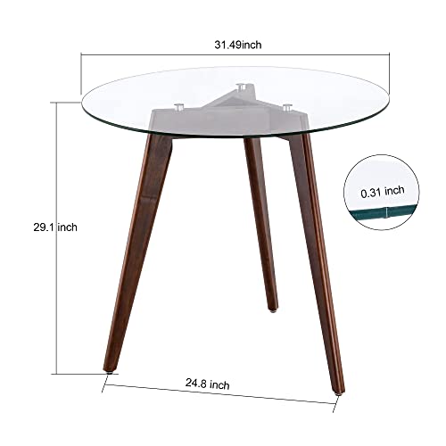 ivinta Round Glass Dining Table, Modern Leisure Table with Wood Legs for Kitchen Dining Room Living Room, Accent Table Small Tea Table for 2, Space Saving, 31.5 inch (Dark Brown)