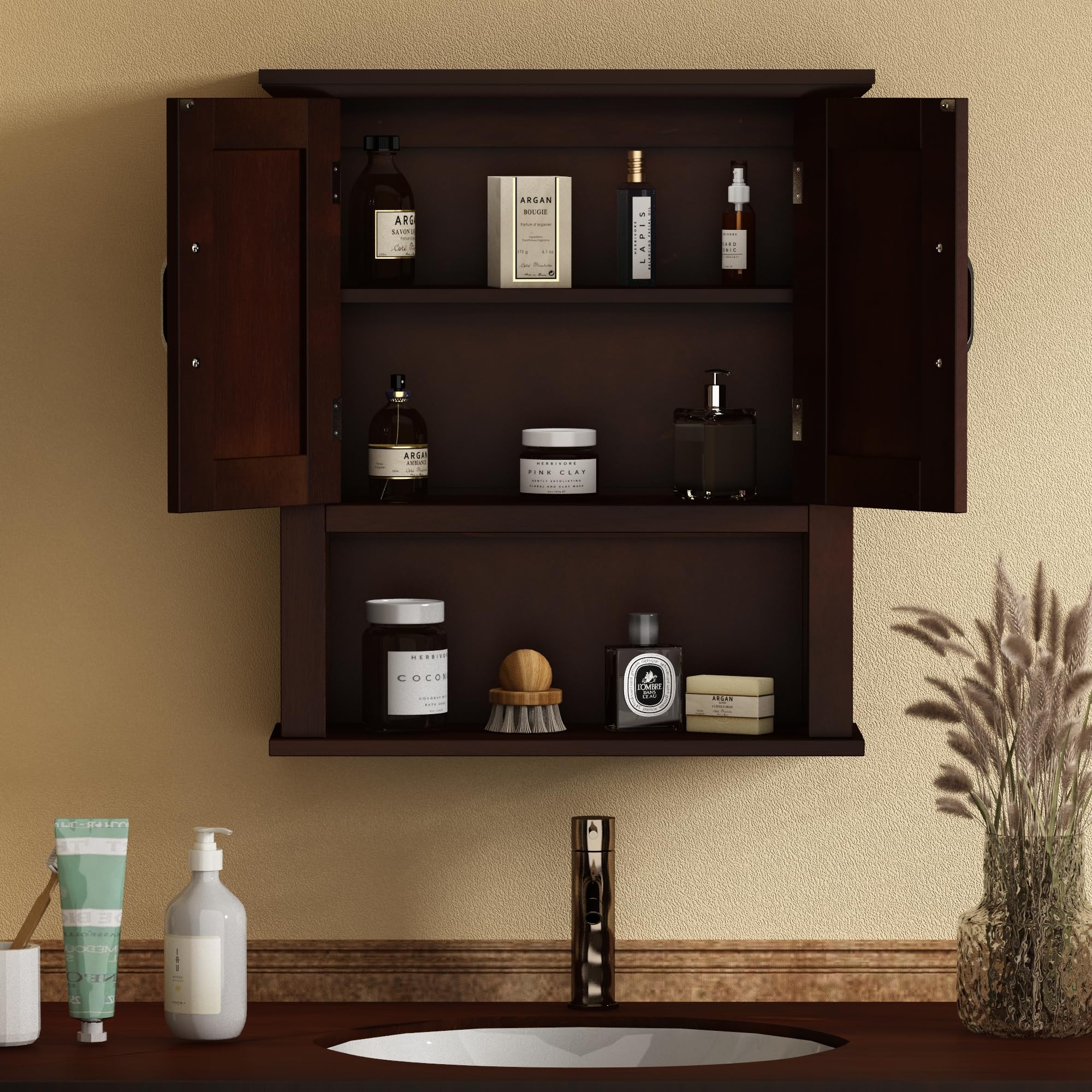 ChooChoo Wood Wall Cabinet with Doors, Medicine Cabinet with Adjustable Shelves Over The Toilet, Rustic Cabinet Wall Mounted for Bathroom, Kitchen, Living Room, Dark Cherry