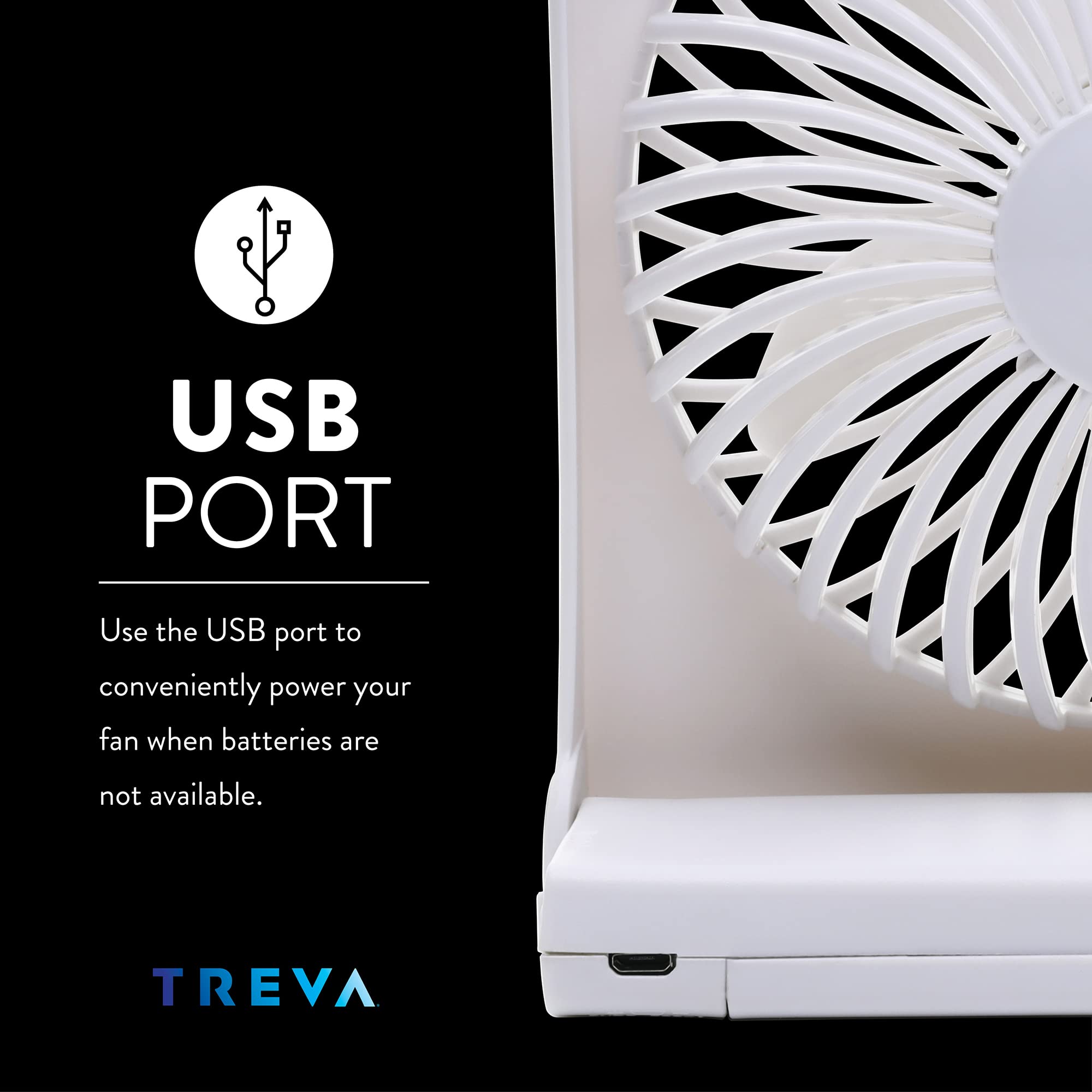 Treva 5-Inch USB and Battery Powered Desk Fan With Two Cooling Speeds and Adjustable Tilt, Small USB Fan Cubicle Accessories Durable and Long Lasting (White)