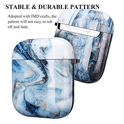 Happypapa Airpods Case Designed for Apple AirPods 2 & 1 Full Protective Case Cover with Keychain Cute Girls Men Durable Shockproof Anti Lost Case for Airpods Charging Case (Ice Blue Marble)