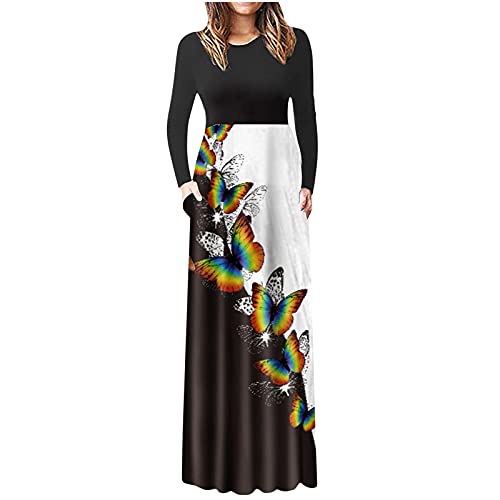 Butterfly Maxi Dress for Women Patterned Pleated Shift Dress Long Sleeve Round Neck Pockets Swing Dress White