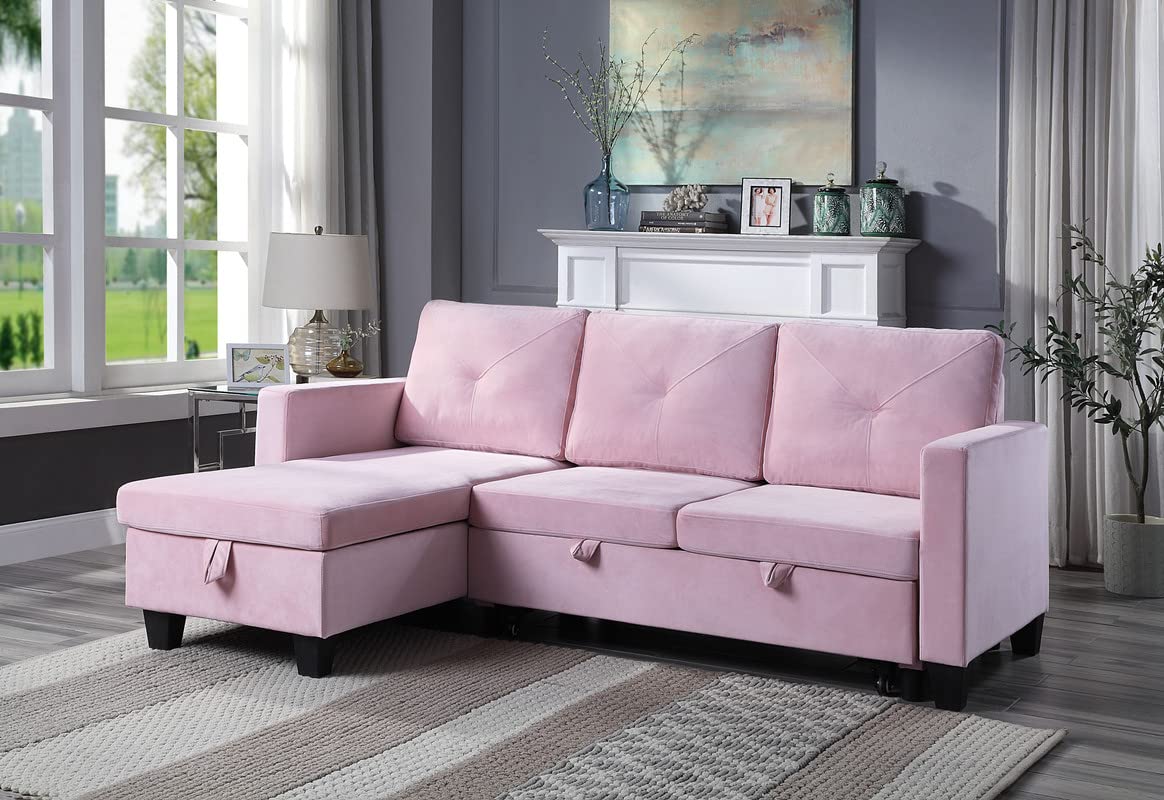 Favfurish 82.5'' L-Shape Convertible Sleeper Sectional Sofa with Storage Chaise and Pull-Out Bed, Velvet Upholstered Reversible Corner 3 Person Couch, for Living Room, Apartment, Pink