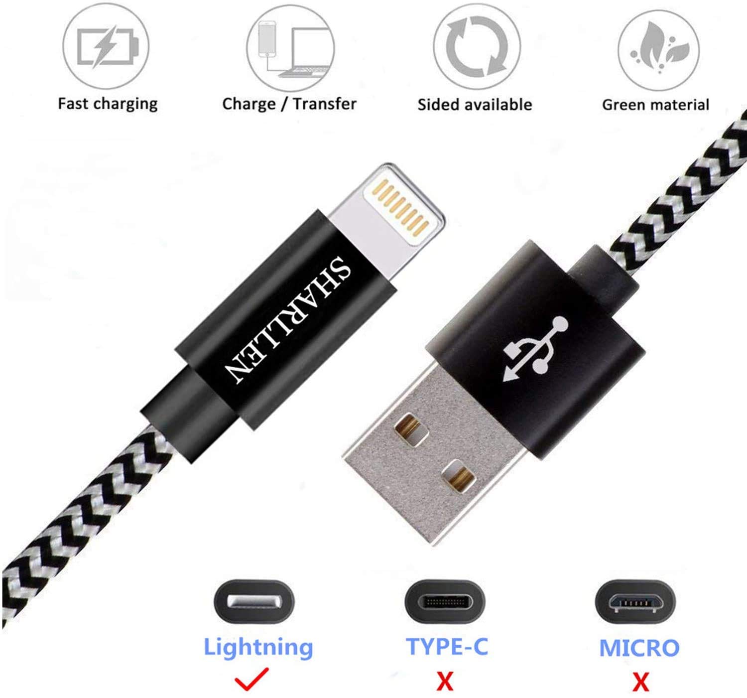 sharllen iPhone Cable 5Pack 3FT/6Foot/10Feet MFi Certified Nylon Braided Fast USB Charging&Syncing Charger Cord Wire Lightning Cable Compatible iPhone11/XS/Max/XR/X/8P/7Plus/6s P/6/6P/iPad/iPod Black