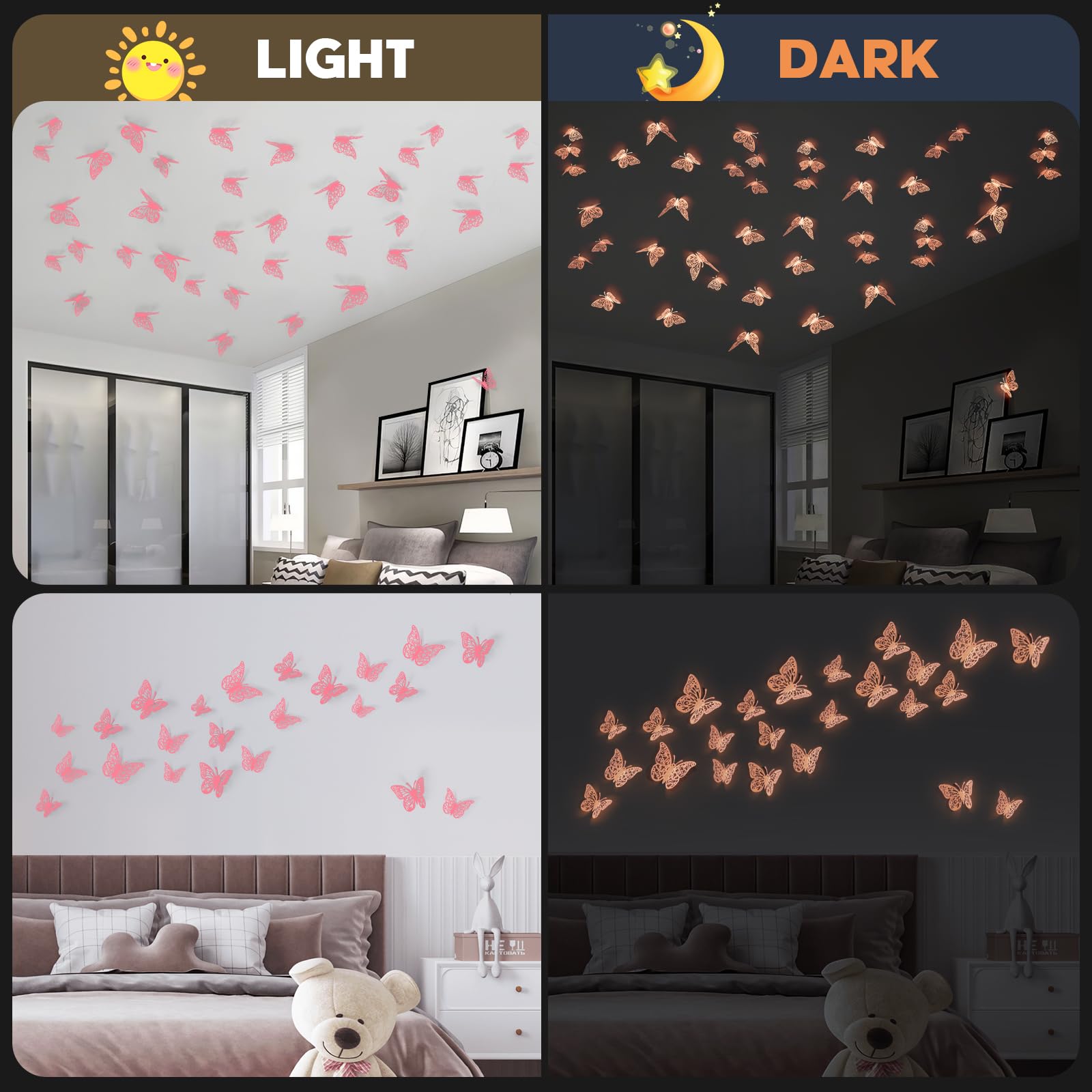 Crosize Butterfly Wall Decals Colorful Glow in The Dark, Fluorescent Pink, 24 Pieces
