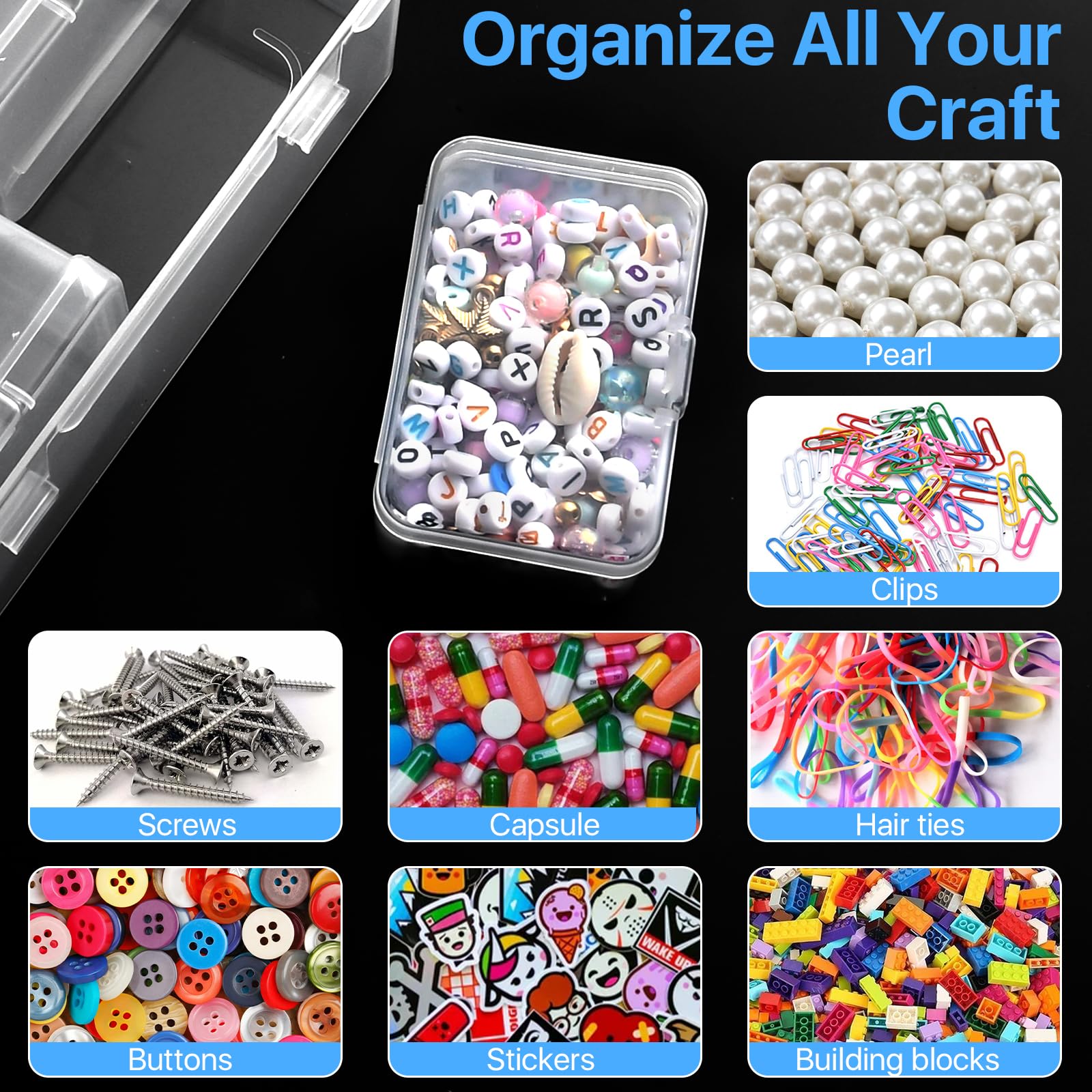Boocalny 14PCS Bead Organizers and Storage, Small Craft Storage Containers with Lids, Mini Plastic Storage Cases, Plastic Charm Case, Rectangle Transparent Boxes for Nail DIY Jewelry Making Screw