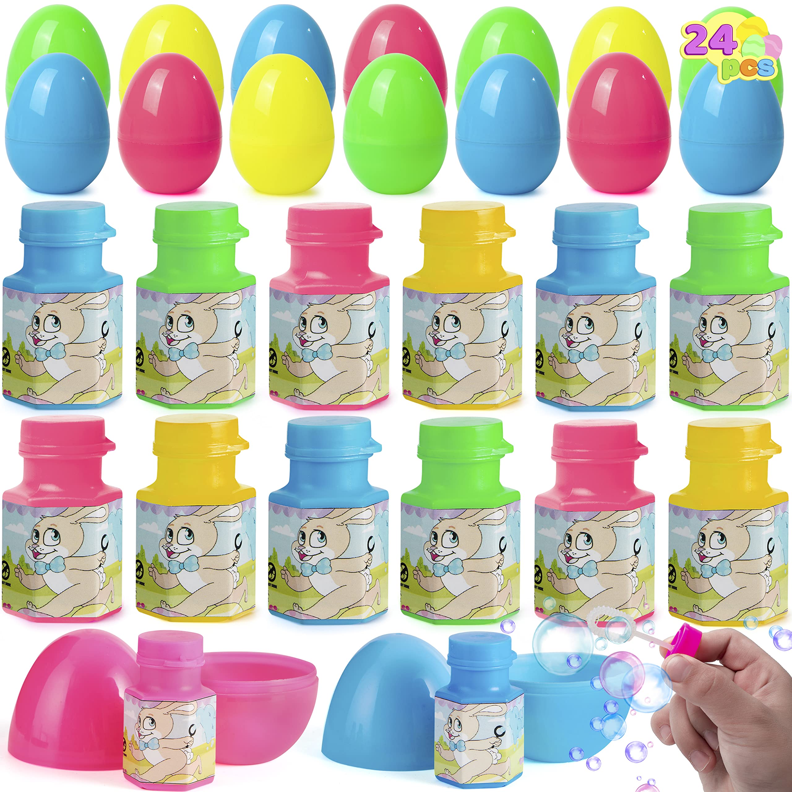 JOYIN 24 Pcs Prefilled Easter Eggs with Bubble Wands for Kids Basket Stuffers, Easter Decorations, Easter Children Fun, Egg Hunt Game, Easter Décor Gifts and Party Favors, 3.15"