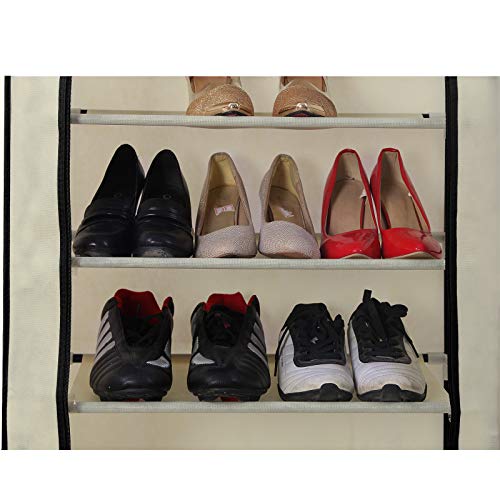 SONGMICS 10-Tier Shoe Tower Rack with Cover 27-Pair Space Saving Shoe Storage Organizer Beige URXJ10M
