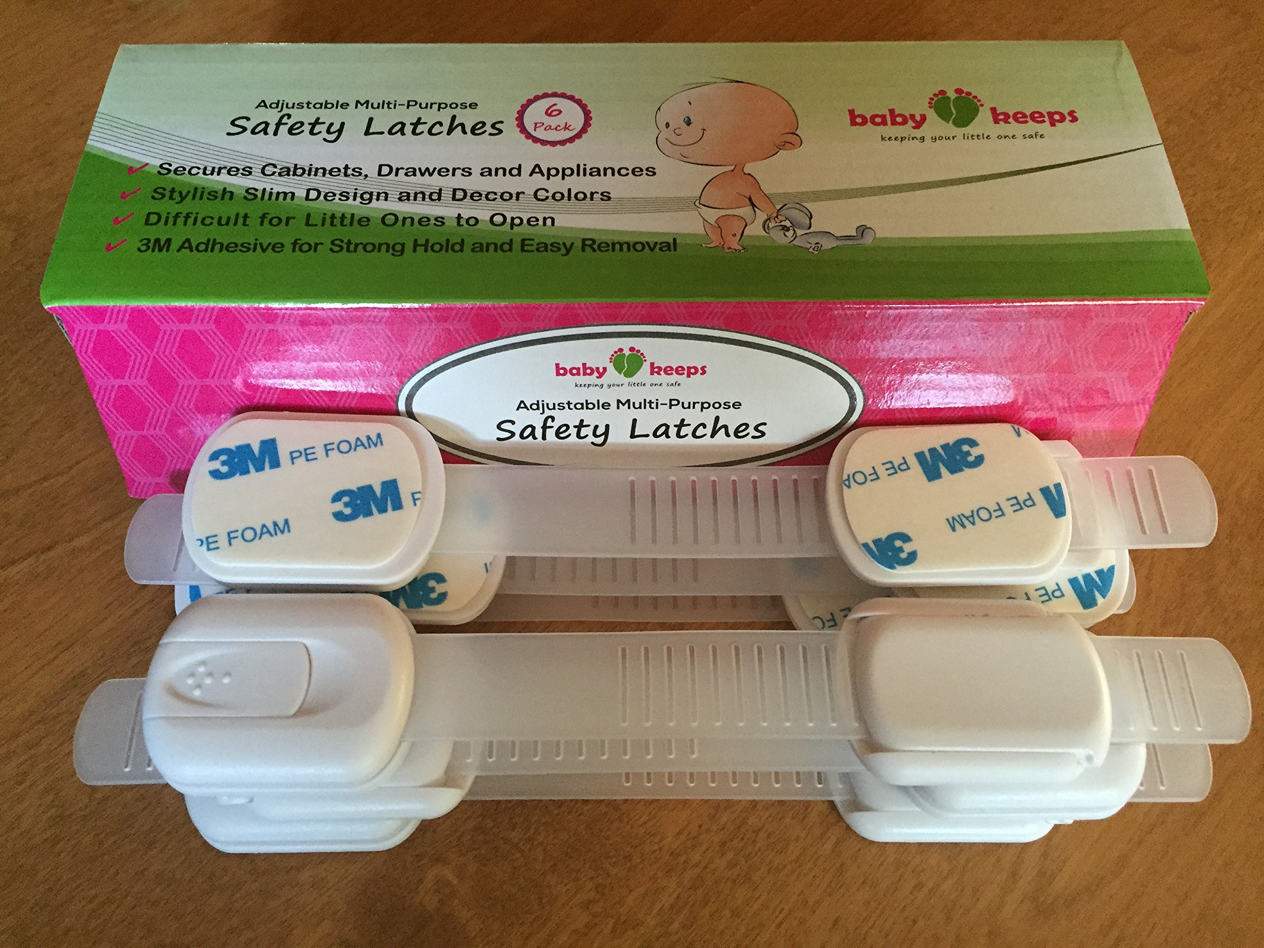 BabyKeeps Child Safety Locks - Latches to Baby Proof Cabinets, Drawers, Appliances - No Drilling - Plus Extra 3M Adhesive Included - Adjustable Length - 6 Pack, White