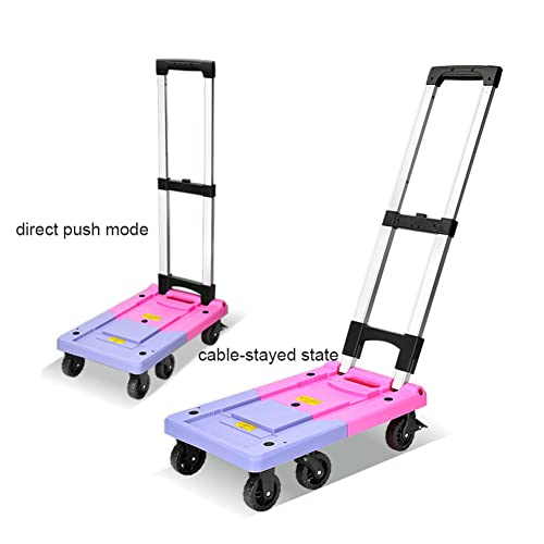 Collapsible Trolley, Aluminum Folding Cart with Wheels,Platform Truck Compact Flatbed Cart for Warehouse, Restaurant, Shops Factories and Home,Pink
